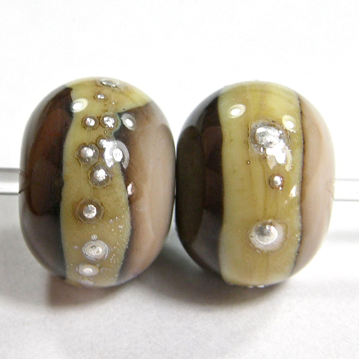 Handmade Lampwork Glass Bead Pairs, Two Tone Brown Ivory Band Silver ...