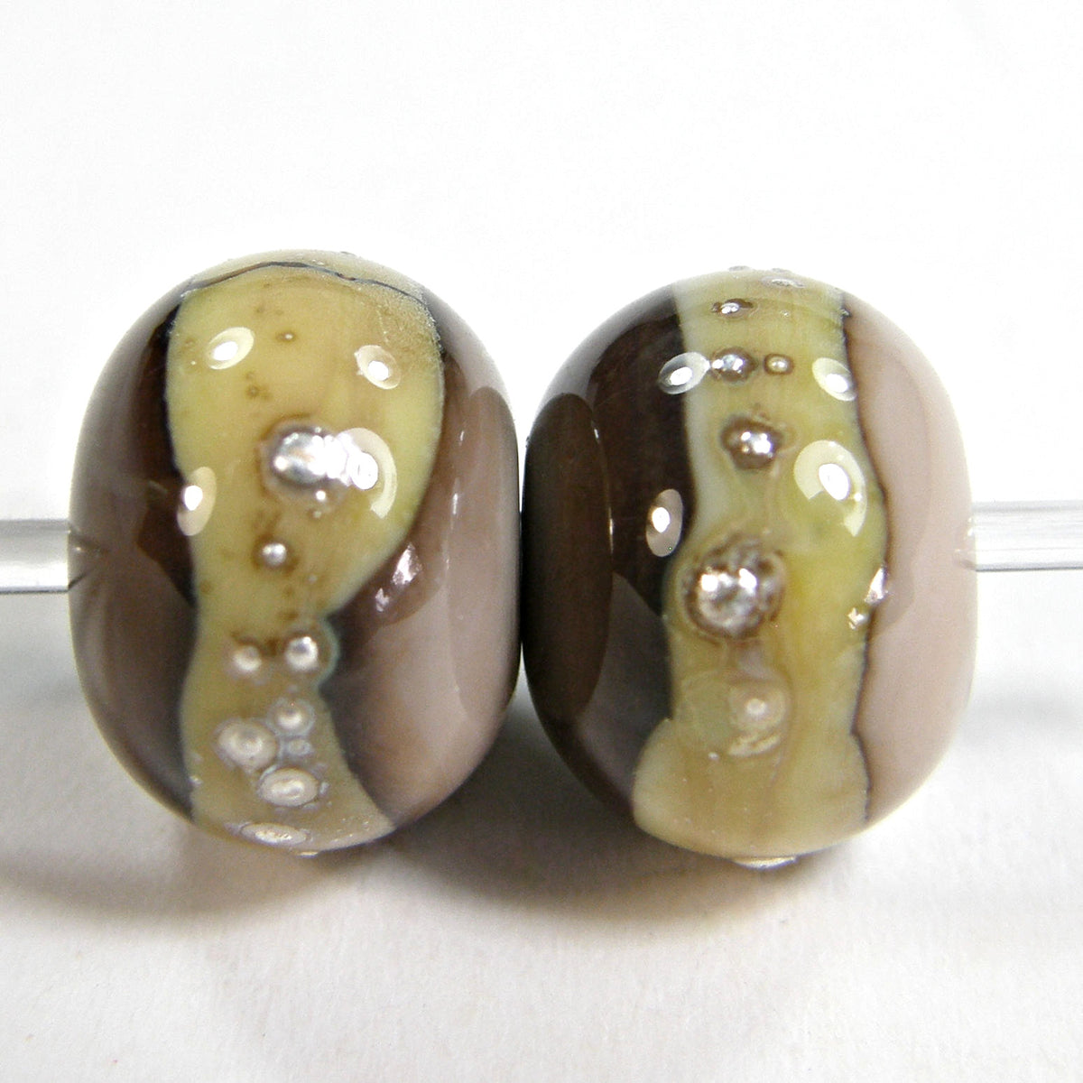 Handmade Lampwork Glass Bead Pairs, Two Tone Brown Ivory Band Silver ...
