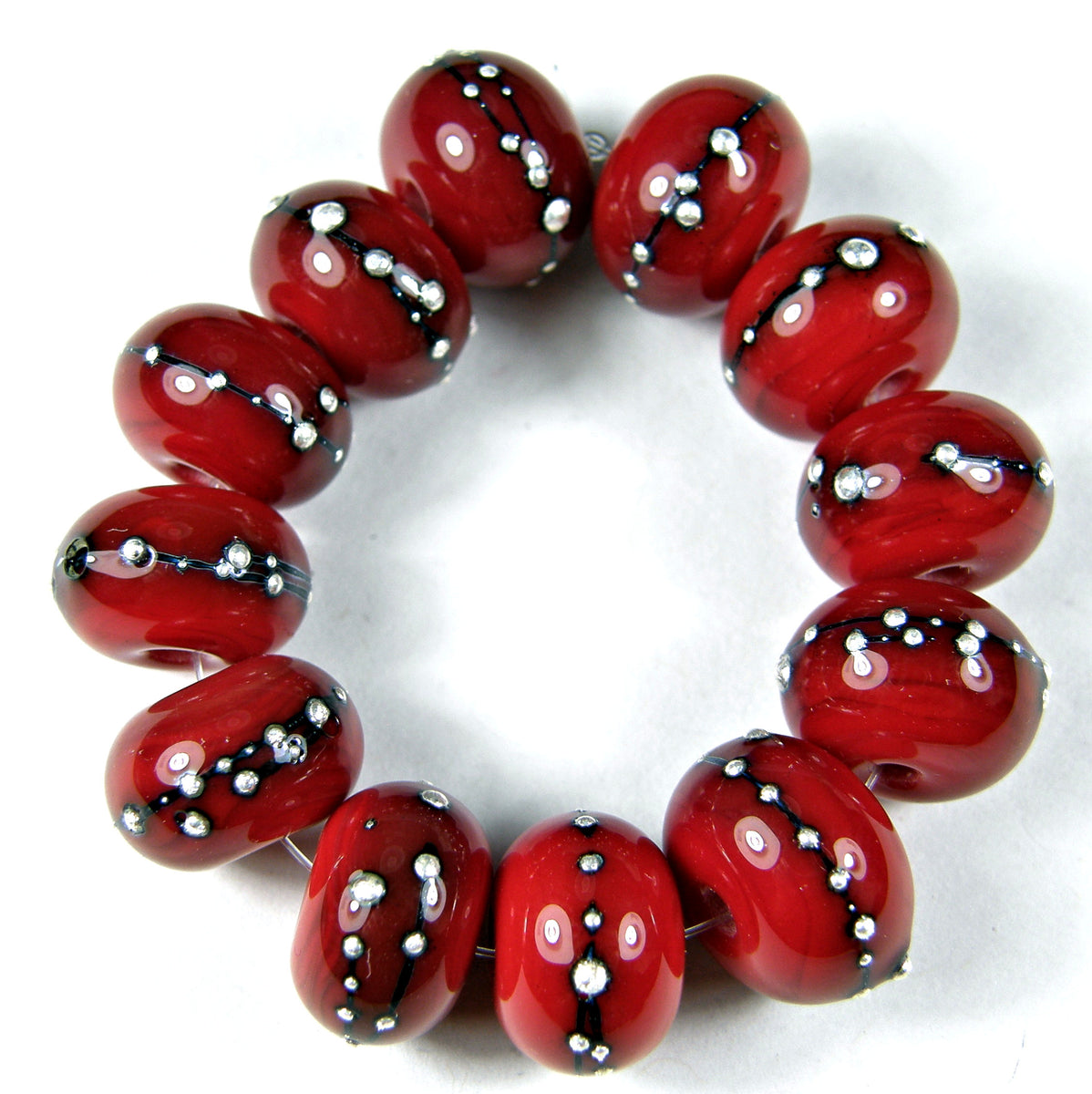 Handmade Lampwork Glass Beads, Medium Red Silver Shiny Glossy ...