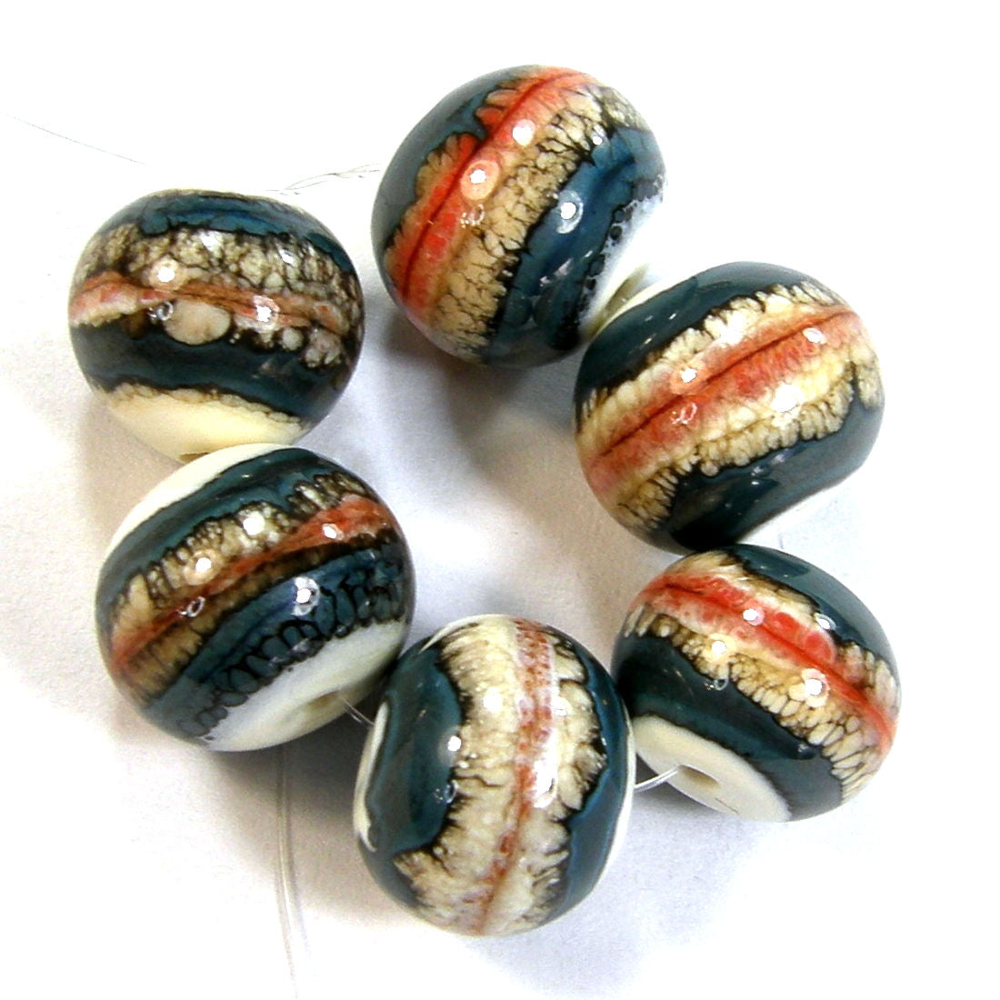 Handmade Lampwork Glass Beads, Southwest Ivory Orange Blue Shiny ...